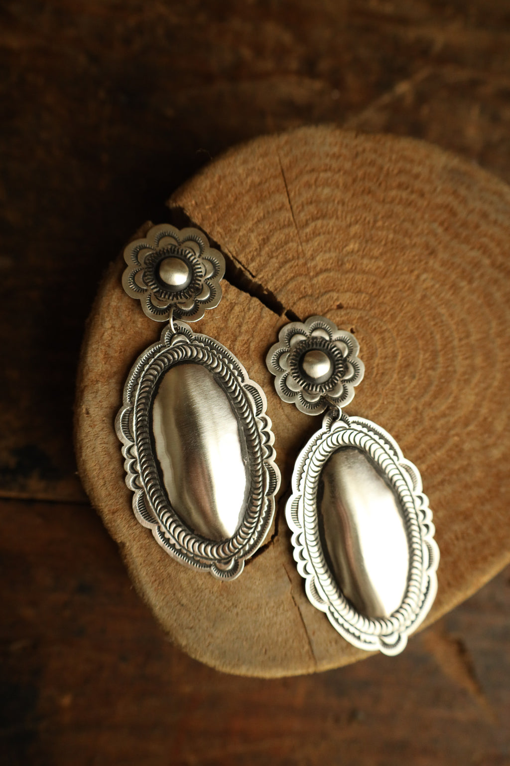 Extra Large Smooth Oval Concho With Flowers Earring – Maverick Fine ...