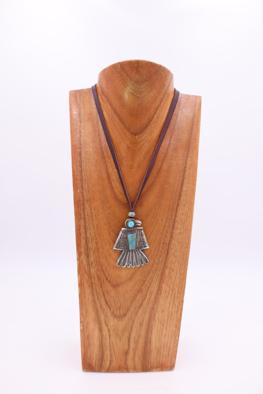 PEYOTE BIRD INGOT THUNDERBIRD AND TURQUOISE STONES BROWN LEATHER NECKA ...